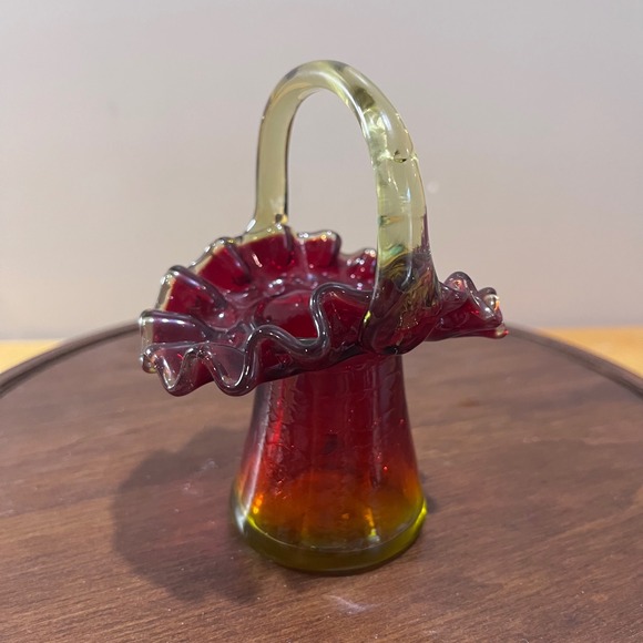 Art | Vtg Amberina Art Glass Ruffled Basket Cadmium Glow Mid Century ...